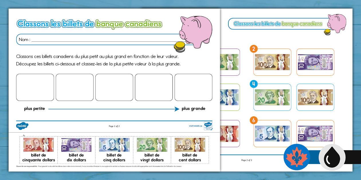 Sorting Canadian Bills Cut and Paste Activity French