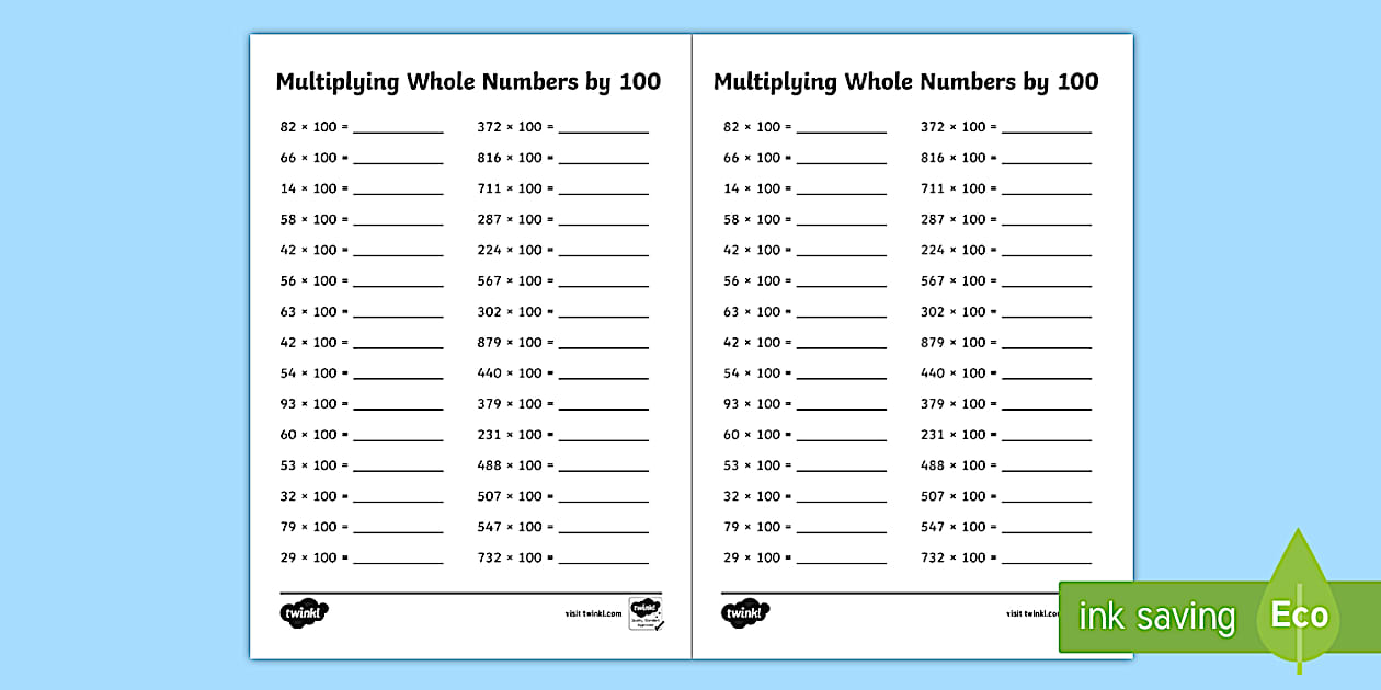 Multiplying Whole Numbers by 100 A5 Worksheet / Worksheet - - Multiplying