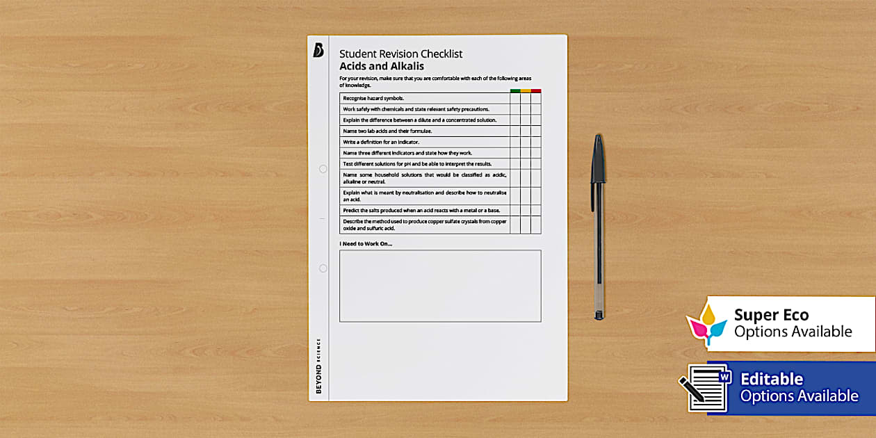Editable KS3 Acids and Alkalis Progress Sheet (teacher made)