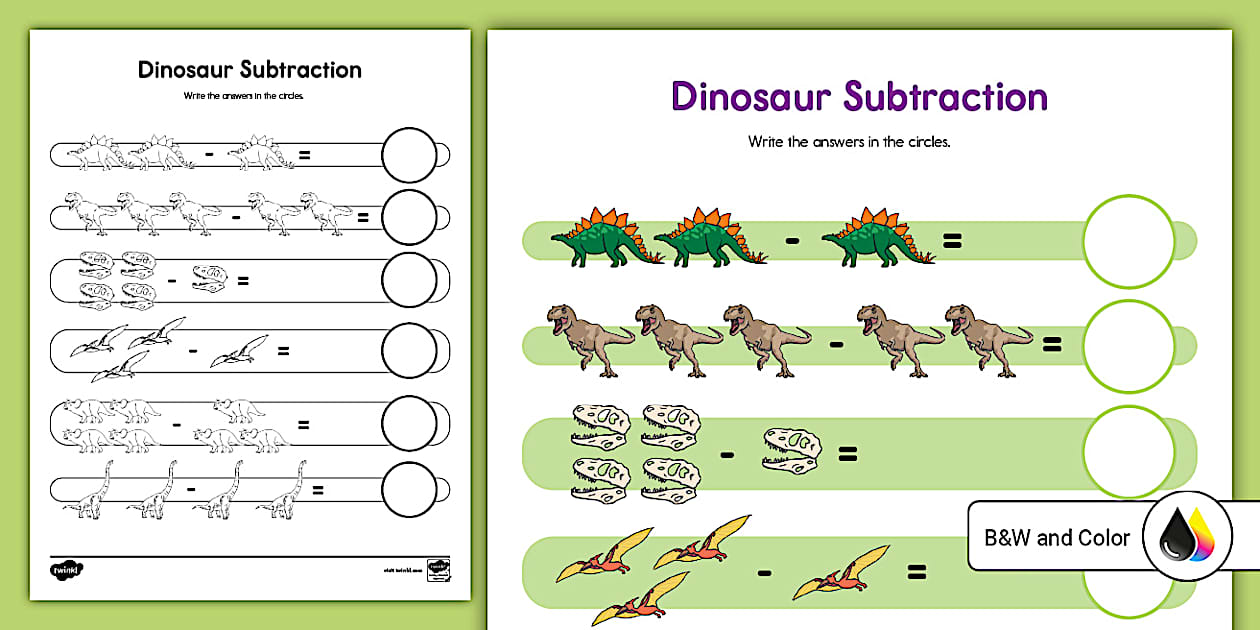 Dinosaur Subtraction Worksheet Sheet for Kids | Twinkl USA