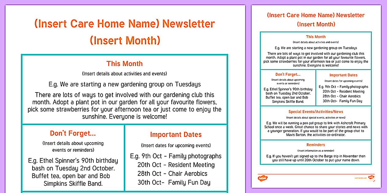 Care Home Newsletter Writing Template (teacher made)