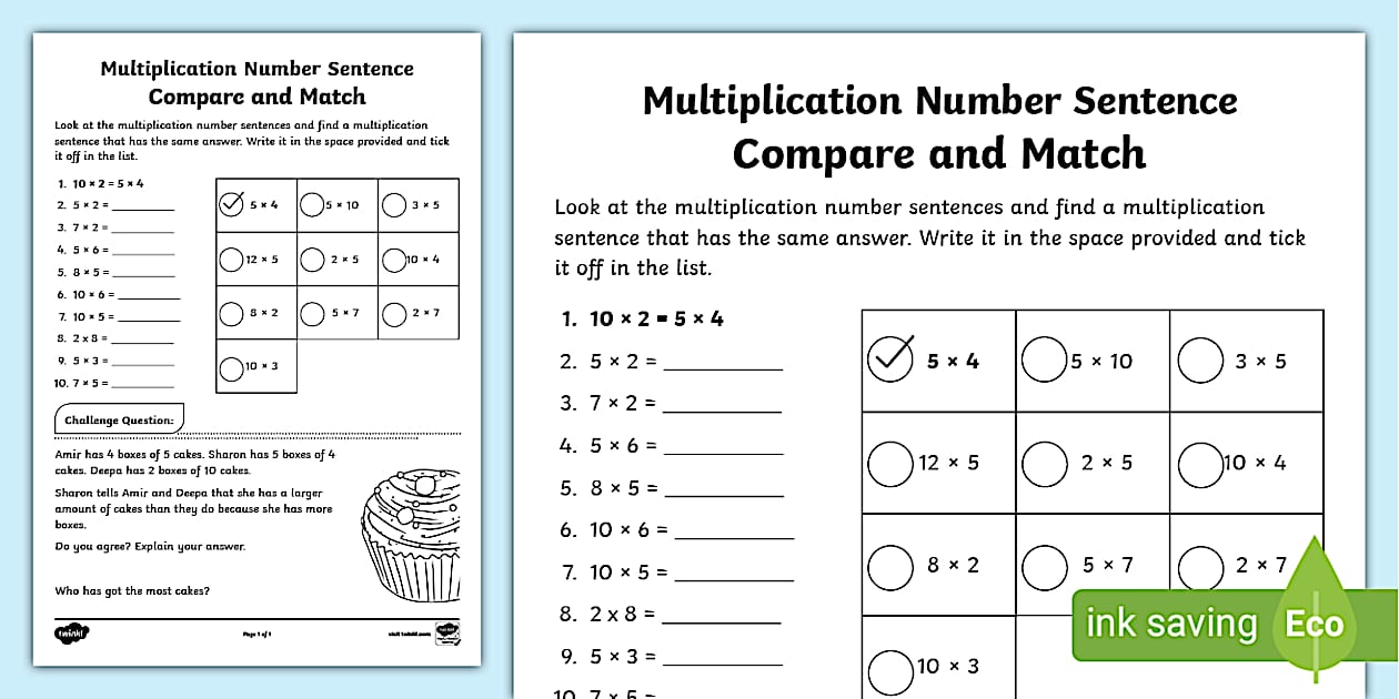 👉 Comparing Multiplication Number Sentences Activity Sheet