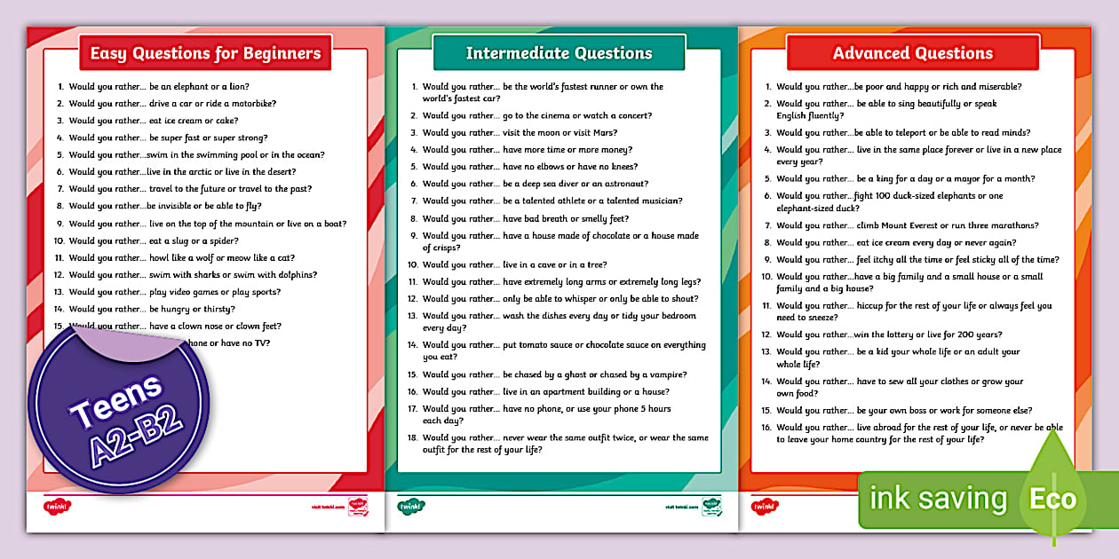 ESL Converstion Sheets: Would You Rather [Teens, A2-B2]