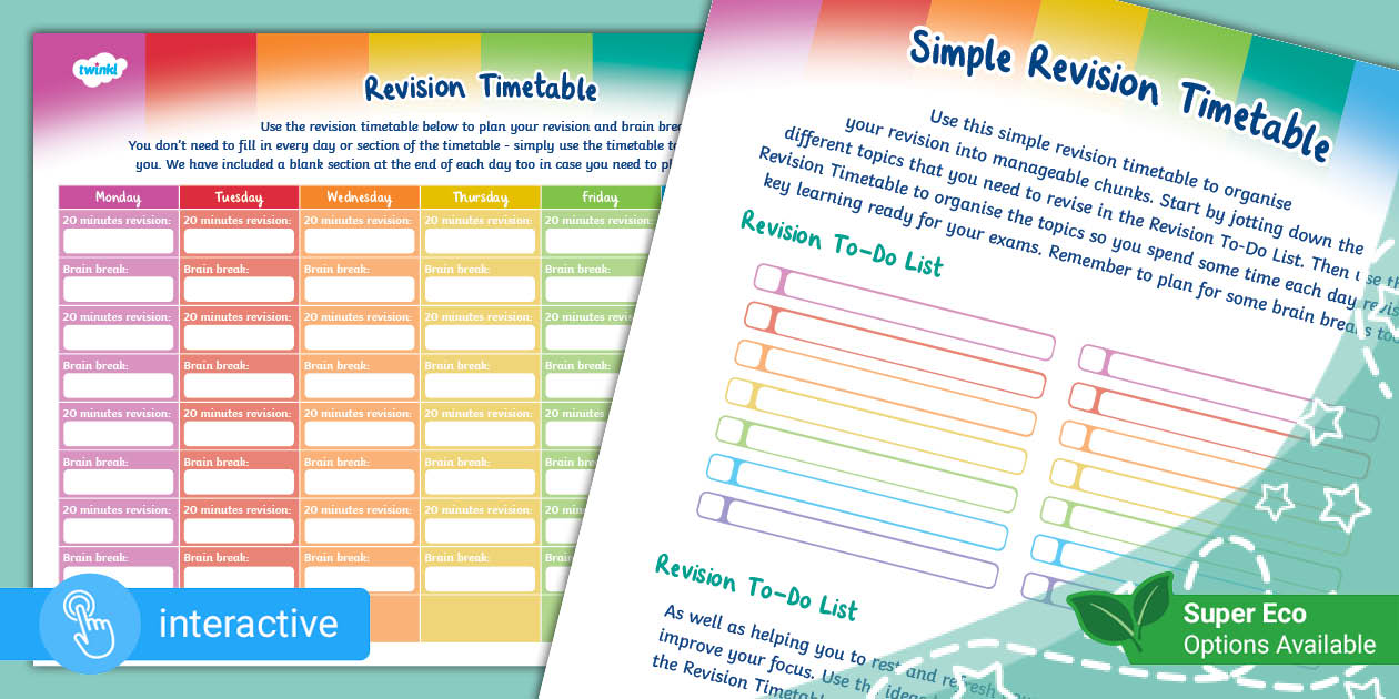 Simple Revision Timetable | Exam Preparation - Twinkl