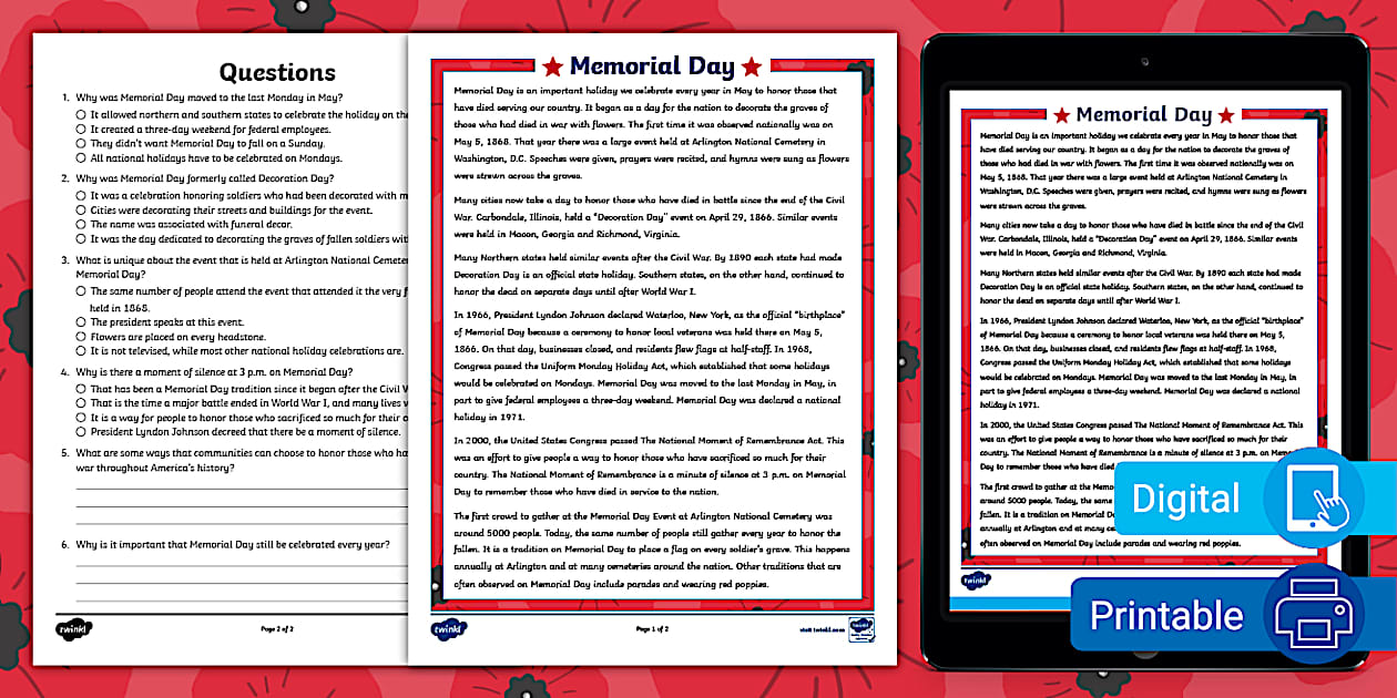 Seventh Grade Memorial Day Reading Comprehension Worksheet