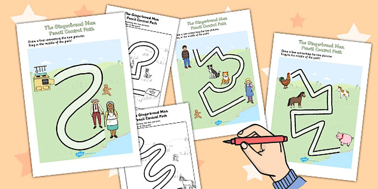 Black and White The Gingerbread Man Pencil Control Path Worksheets