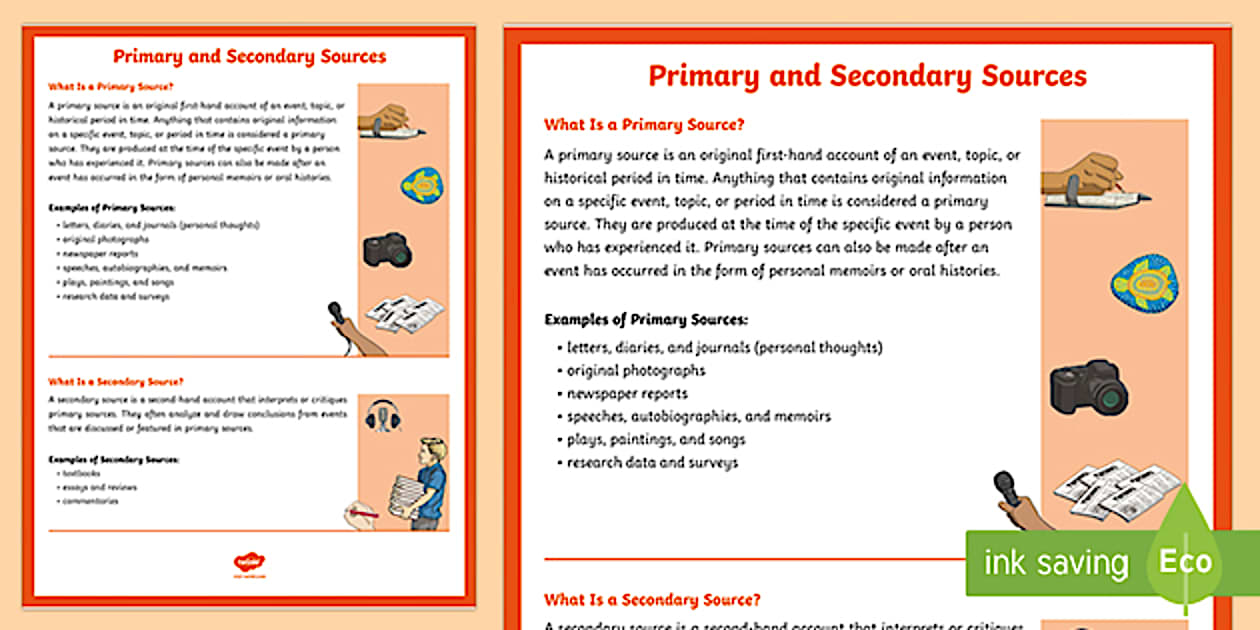 Primary and Secondary Historical Sources Information Worksheet