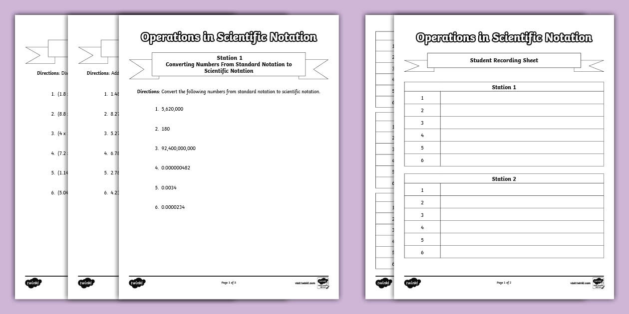 Eighth Grade Operations in Scientific Notation Math Stations Worksheet
