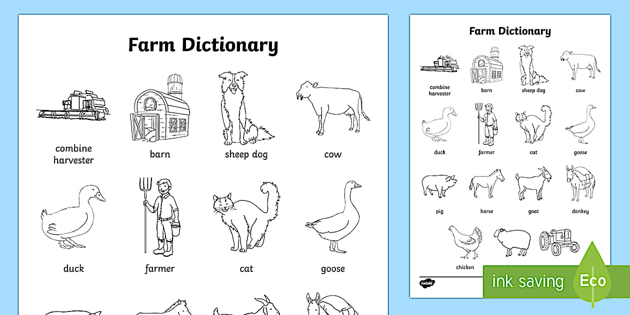 Farm Dictionary Colouring Sheet (teacher made) - Twinkl
