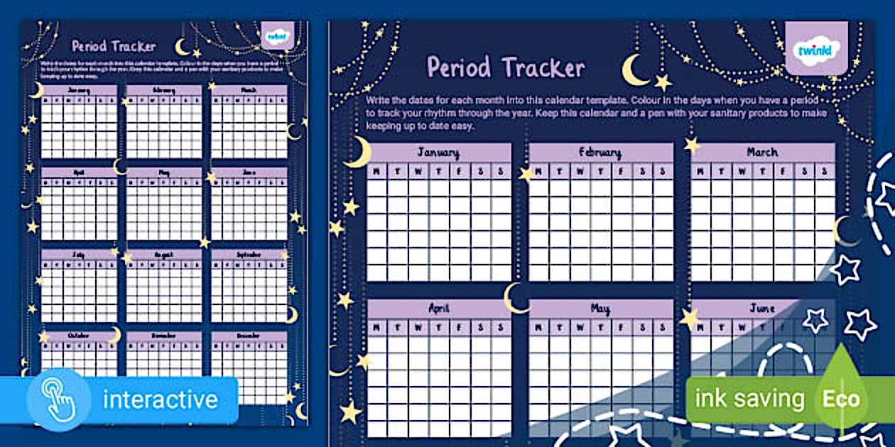 Editable Stars and Moons-Themed Period Tracker - Twinkl