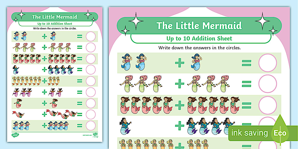 The Little Mermaid Up to 10 Addition Sheet - Twinkl