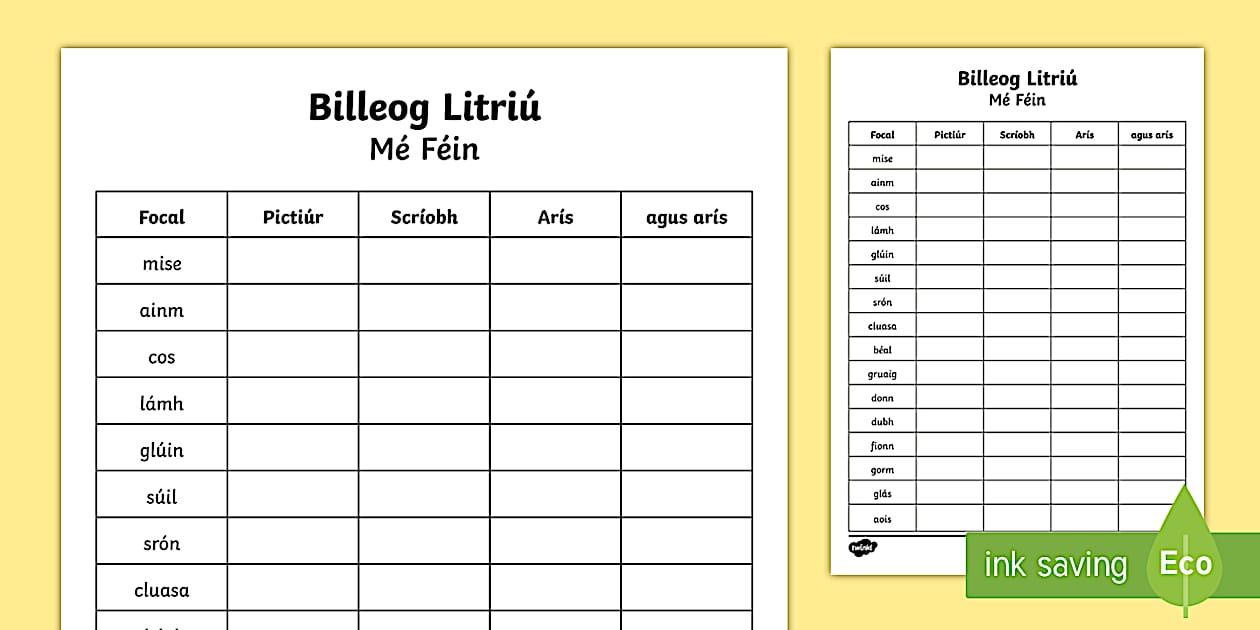 Myself Spelling Worksheet Gaeilge