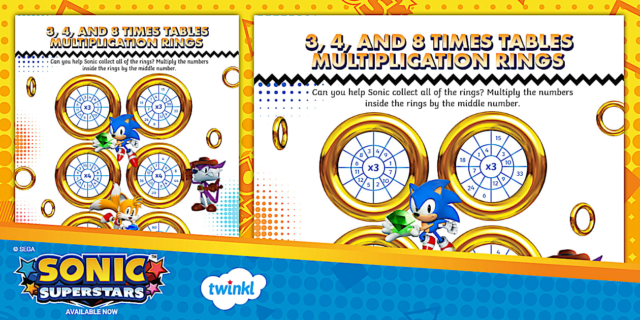 Sonic: 3, 4, and 8 Times Tables Multiplication Rings Worksheet
