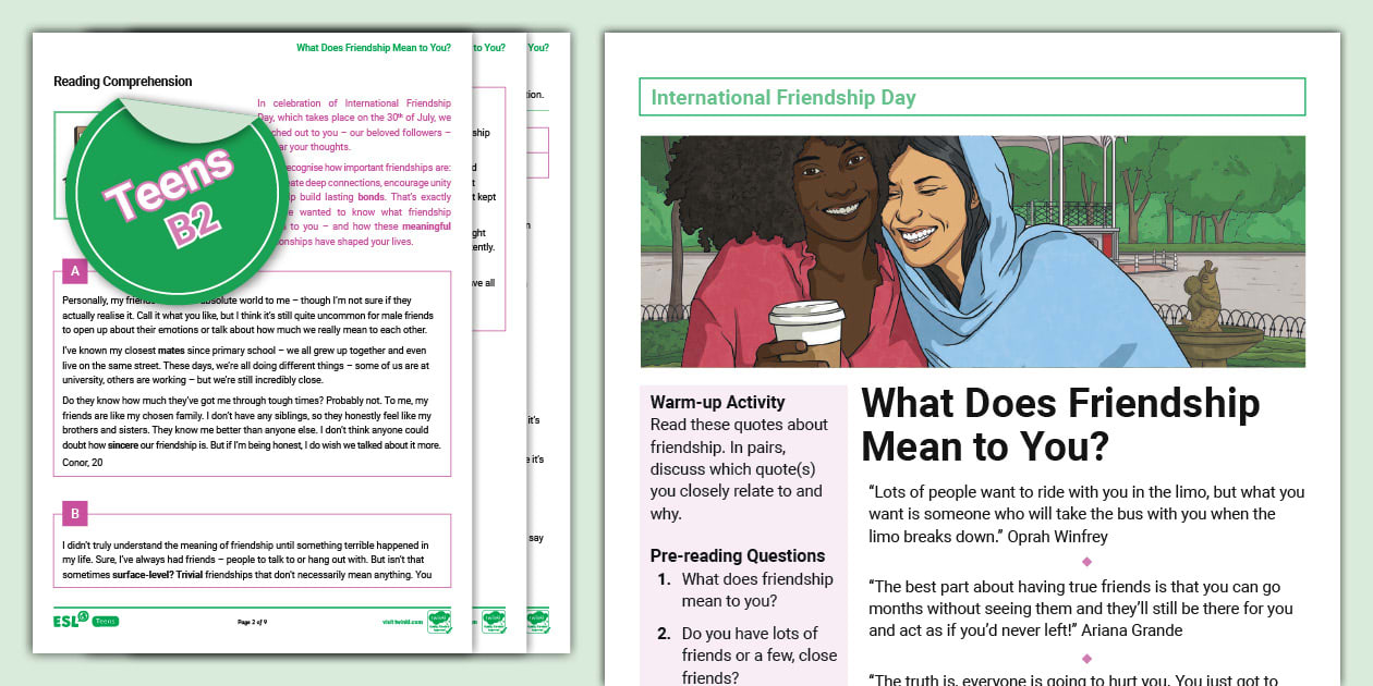 ESL International Friendship Day Reading Comprehension B2