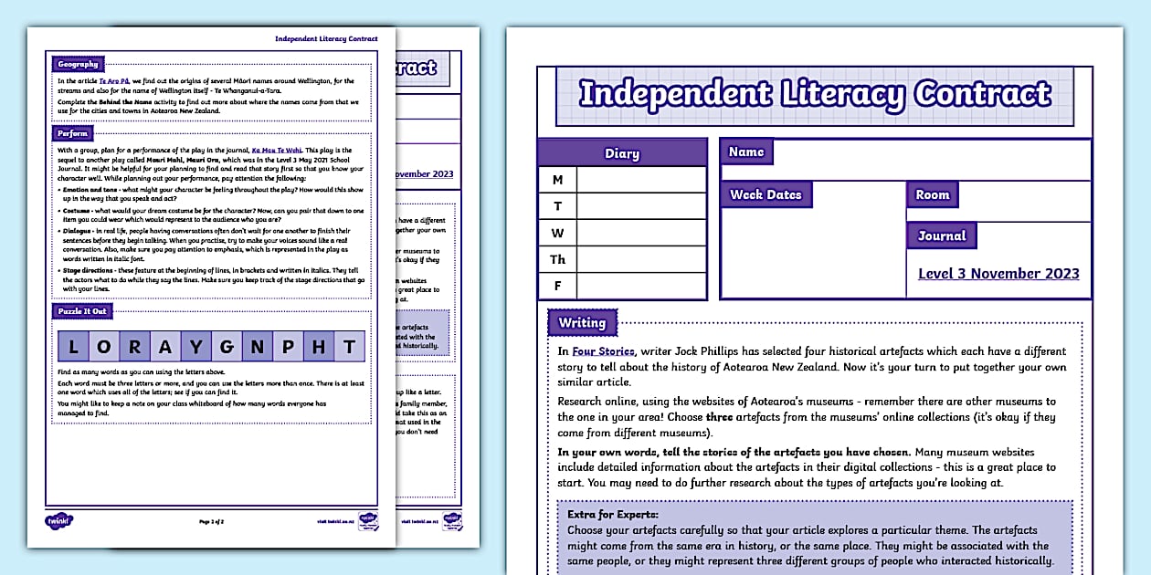 L3 Nov 2023 School Journal: Independent Literacy Contract