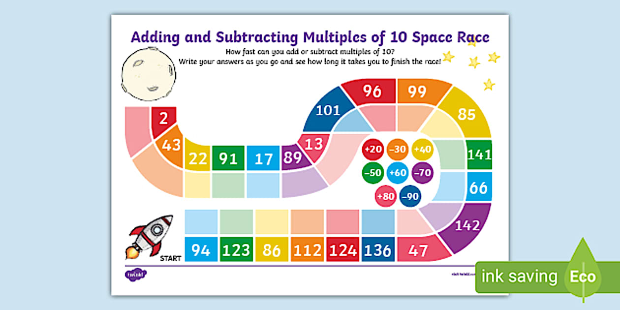 Adding and Subtracting Multiples of 10 Race Worksheet