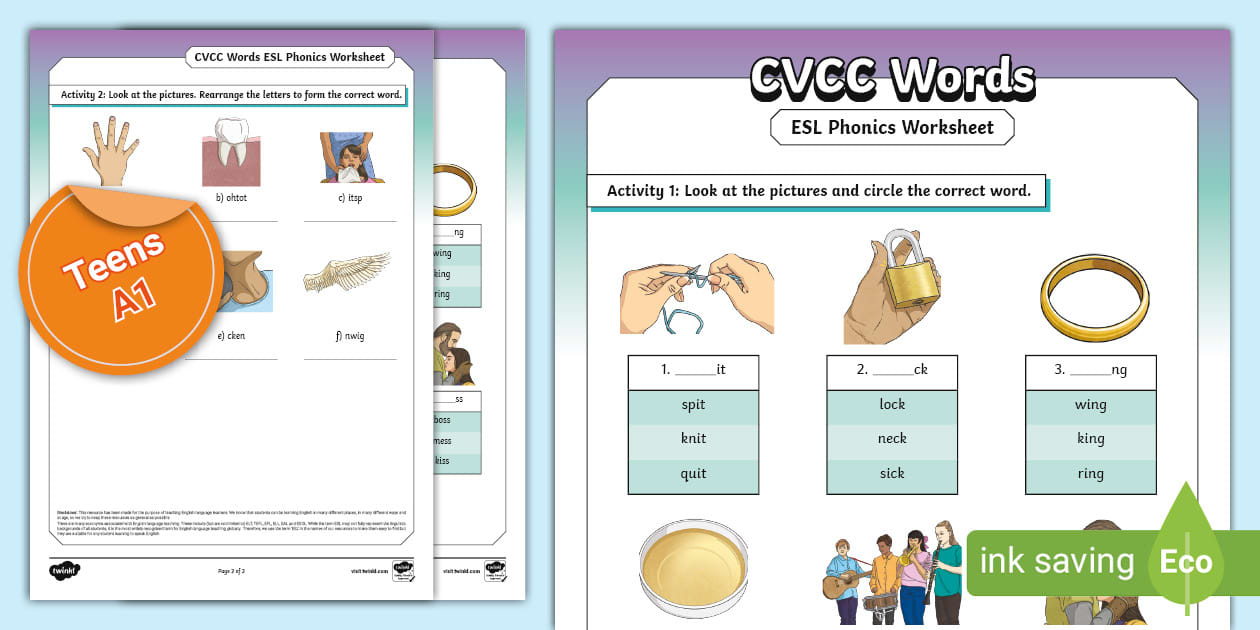 ESL CVCC Words Phonics Worksheet - Twinkl