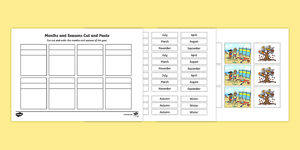 Black and White Months and Seasons Cut and Paste Worksheet