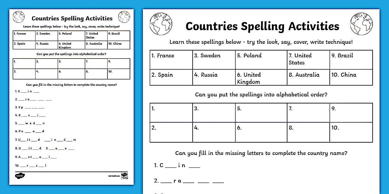 Countries Spelling Activity Sheet (teacher made) - Twinkl
