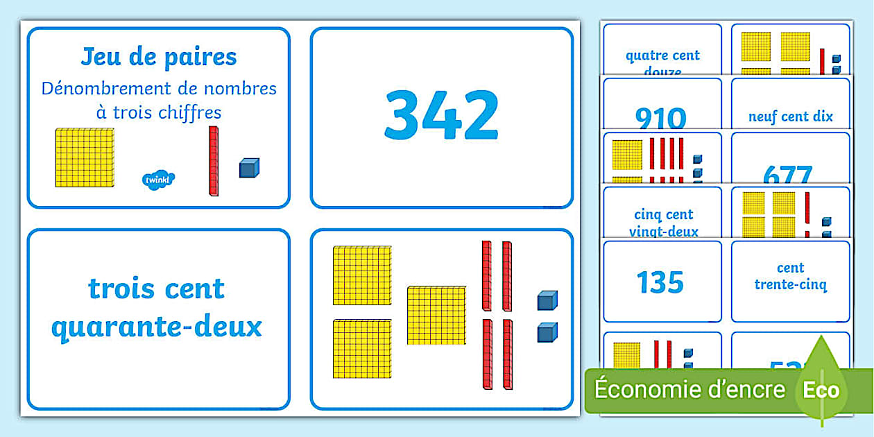 Cartes pour jeu de paires sur le dénombrement de nombres à 3 chiffres