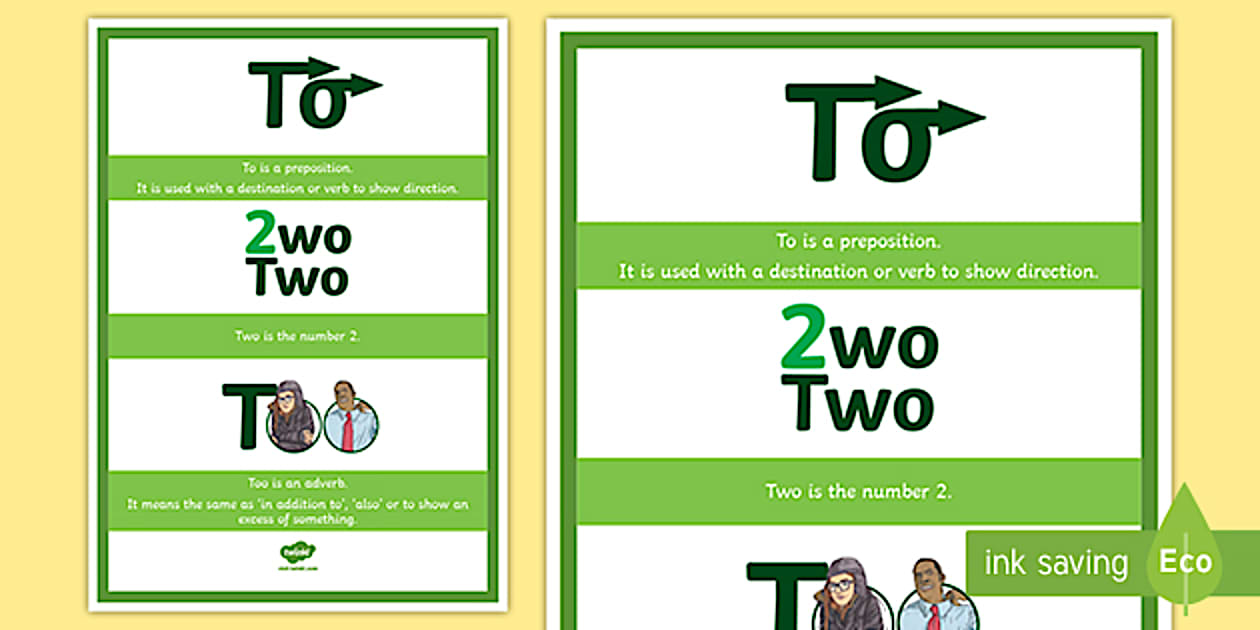 To, Two and Too Homophones Display Poster (teacher made)