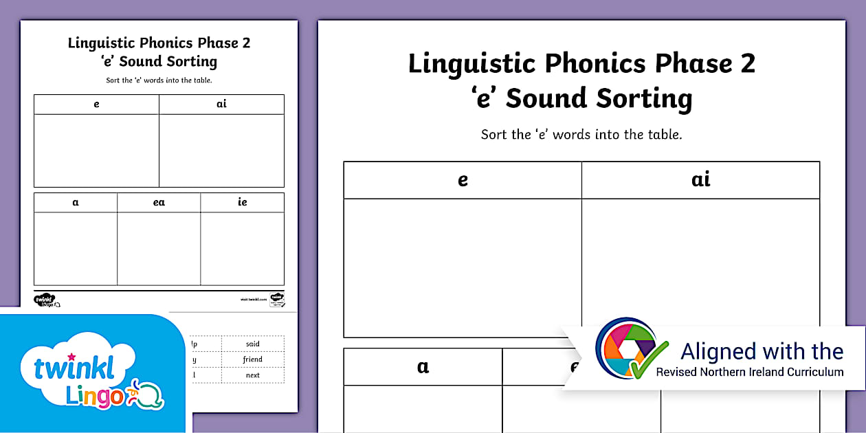 Linguistic Phonics Phase 2 ‘e’ Sound Sorting Activity Sheet