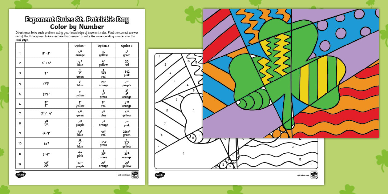 Eighth Grade Exponent Rules St. Patrick's Day Color by Number Activity