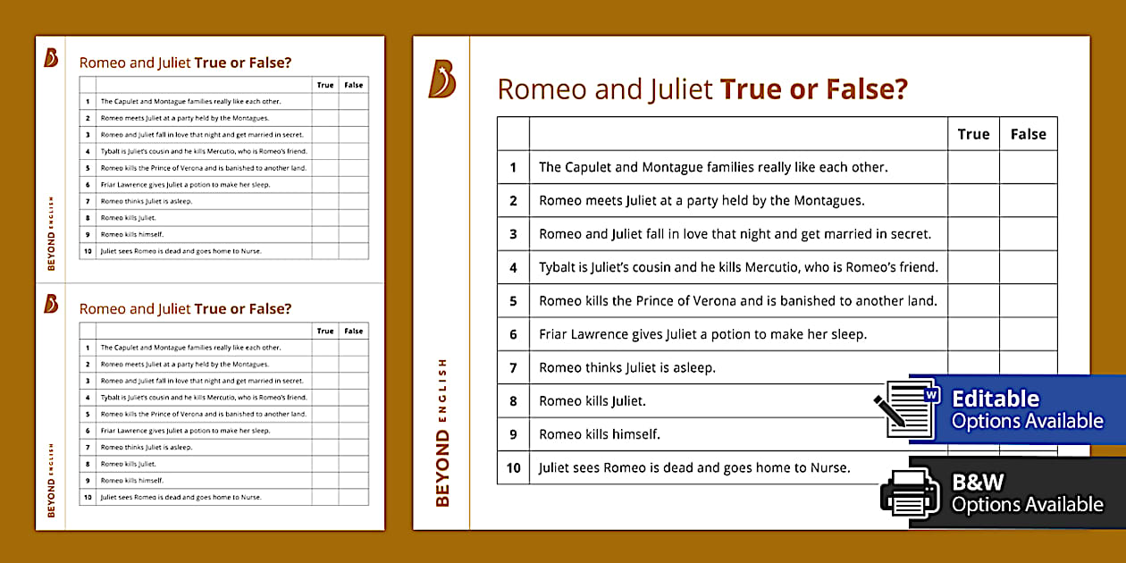 Romeo and Juliet True or False Worksheet | Beyond - Twinkl