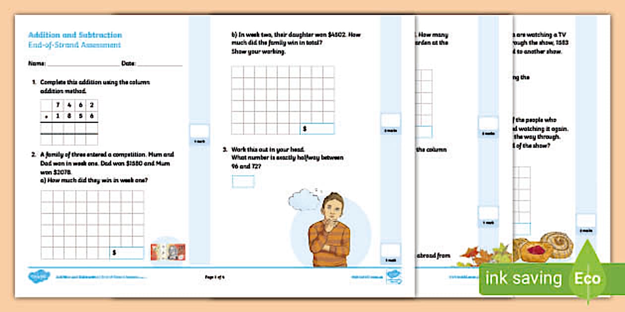 Year 4 Addition/Subtraction Pre/Post Assessment - Twinkl
