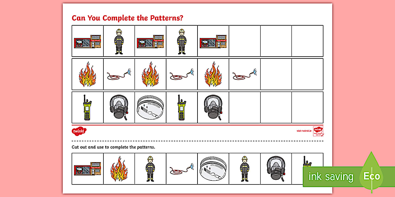 Black and White The Fire Station Aistear Complete the Pattern Worksheet
