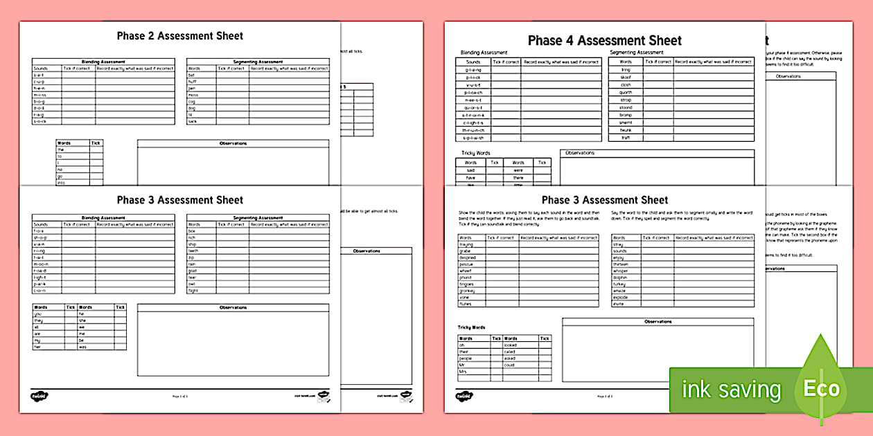 Editable Phase 1 to 5 Phonics Letters and Sounds Assessment Sheet Pack