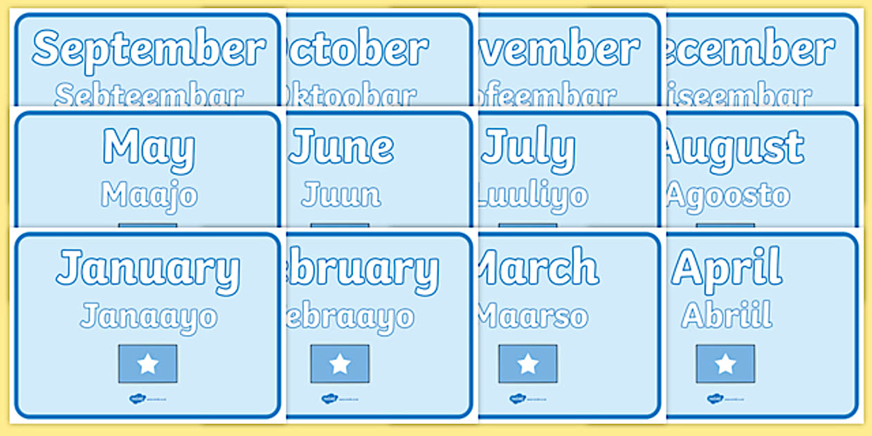 Months of the Year Signs EAL Somali Translation - Twinkl