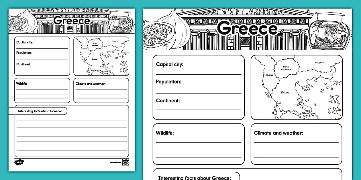 All About Greece Research Worksheet for K-2nd Grade - Twinkl