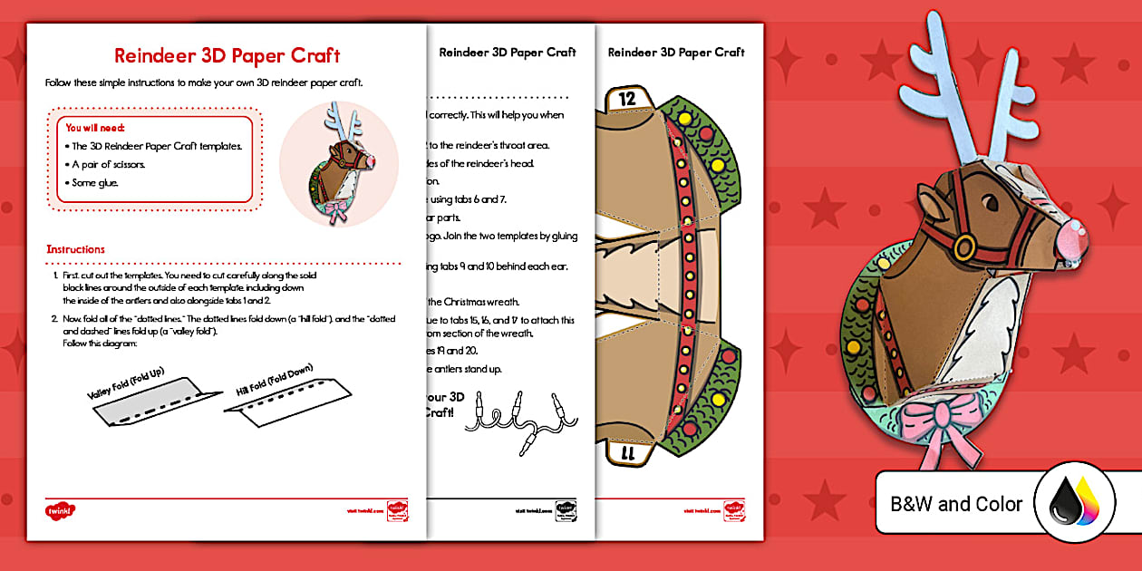 Reindeer 3D Paper Craft (teacher made) - Twinkl