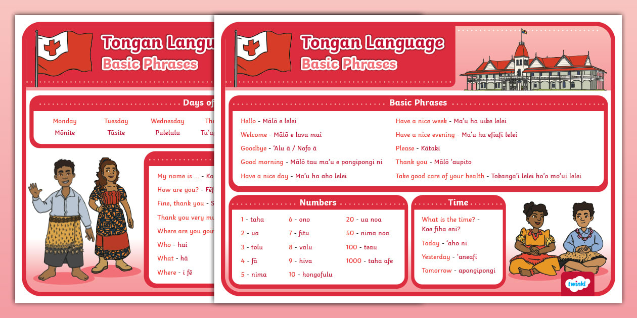 Tongan Language Basic Phrases A4 Display Posters - Twinkl