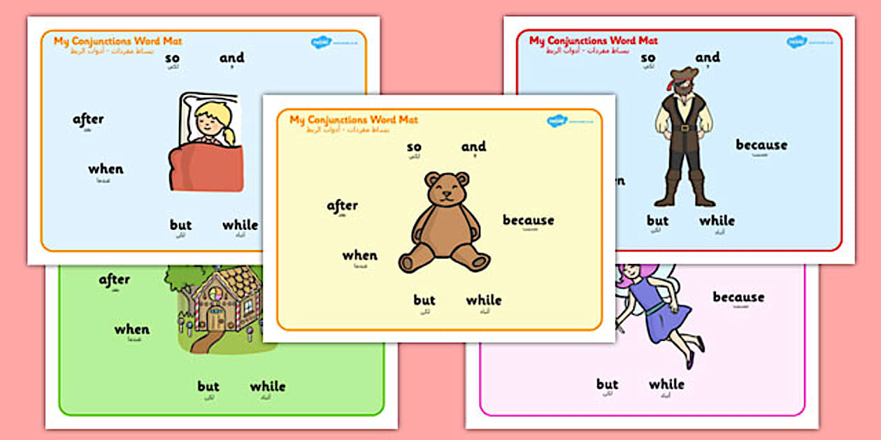 Conjunctions Word Mats Arabic Translation - Twinkl