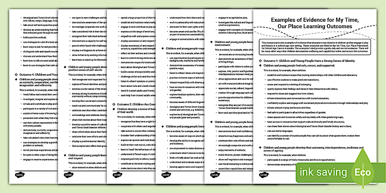 Examples of Evidence for My Time, Our Place Outcomes