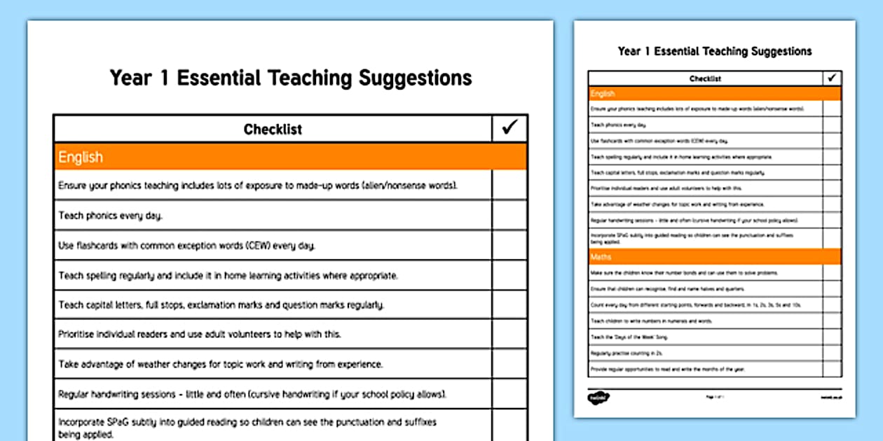 Year 1 Essential Teaching Suggestions Checklist - Twinkl