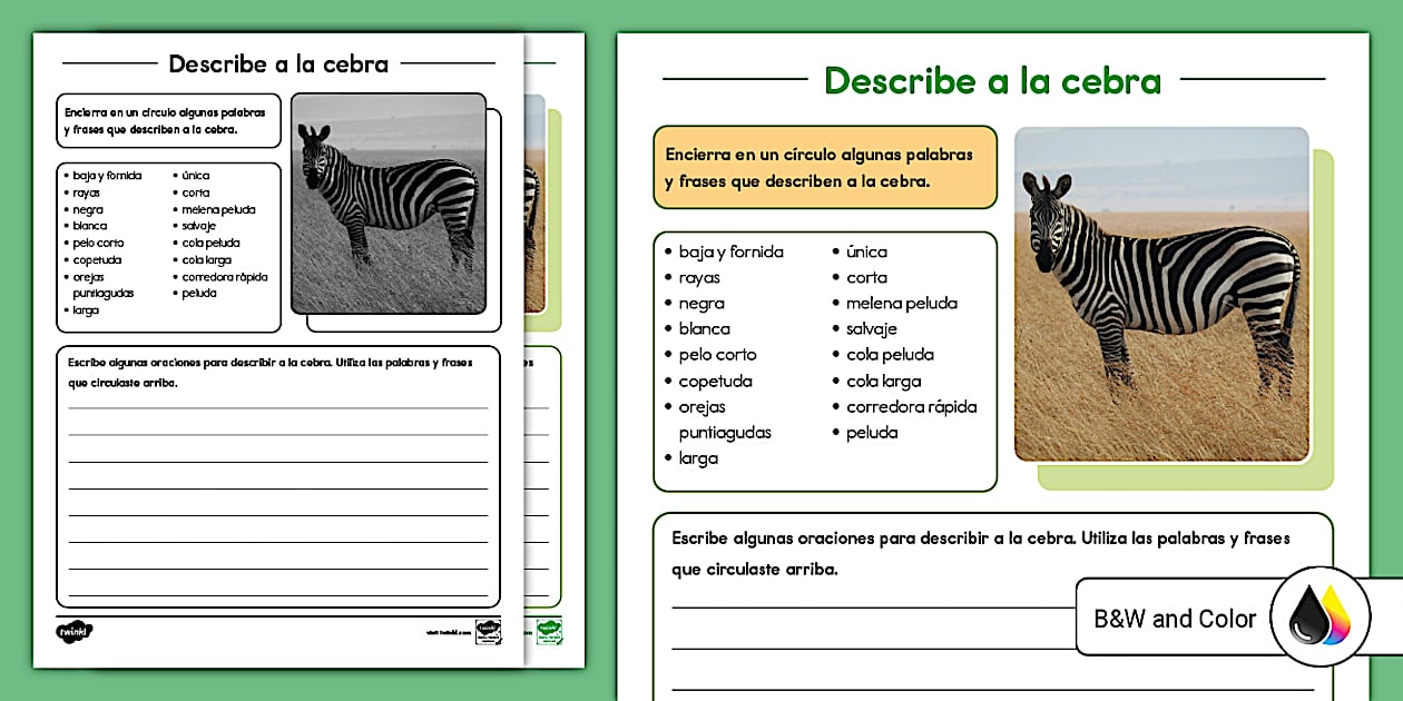 Actividad de escritura: Describe a la cebra - Twinkl
