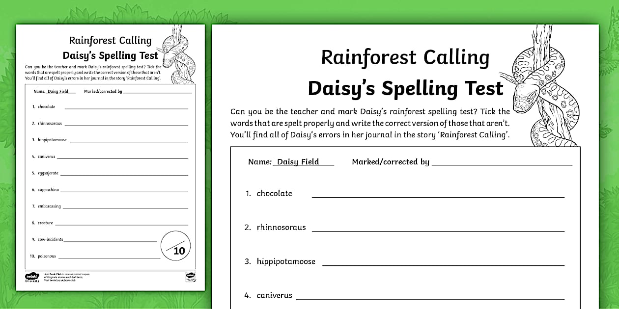 Rainforest Calling: Daisy's Spelling Test Worksheet - Twinkl