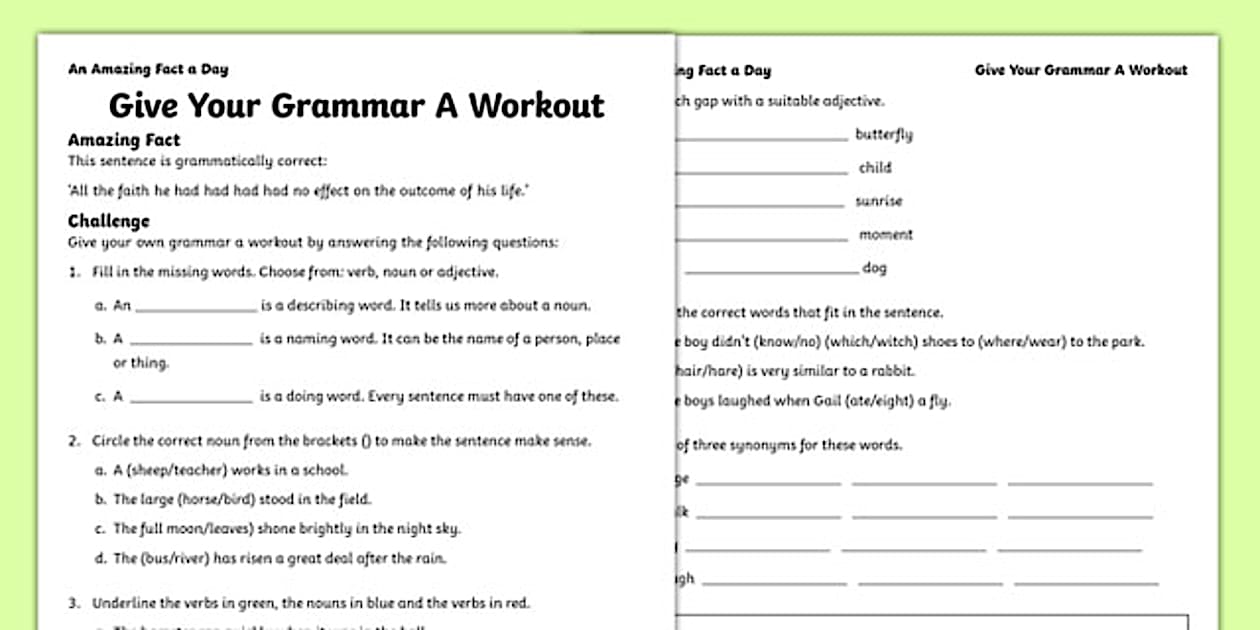 Editable Give Your Grammar A Workout Worksheet - Twinkl