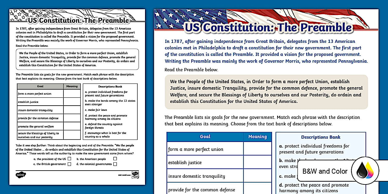 Preamble Worksheet | 6th-8th Grade Resource | Twinkl USA