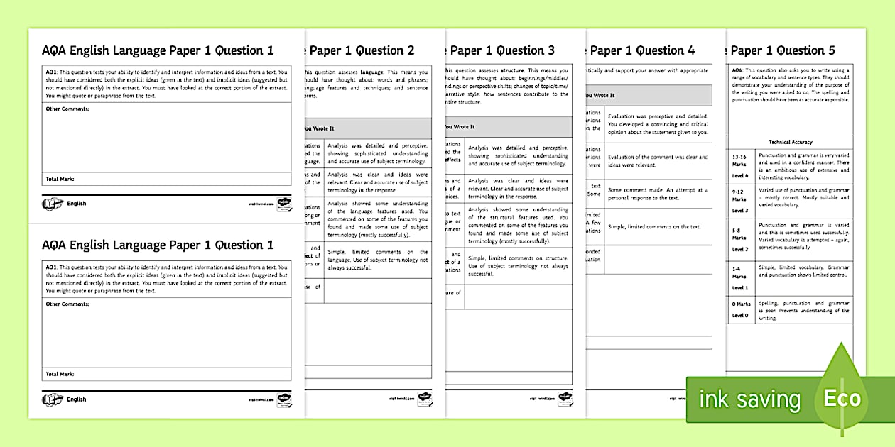 Editable AQA English Language Paper 1 Marking Worksheets