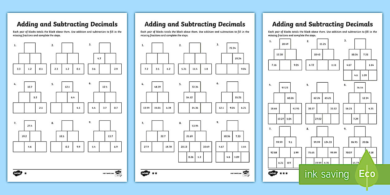 Adding and Subtracting Decimals Pyramid Differentiated Worksheets