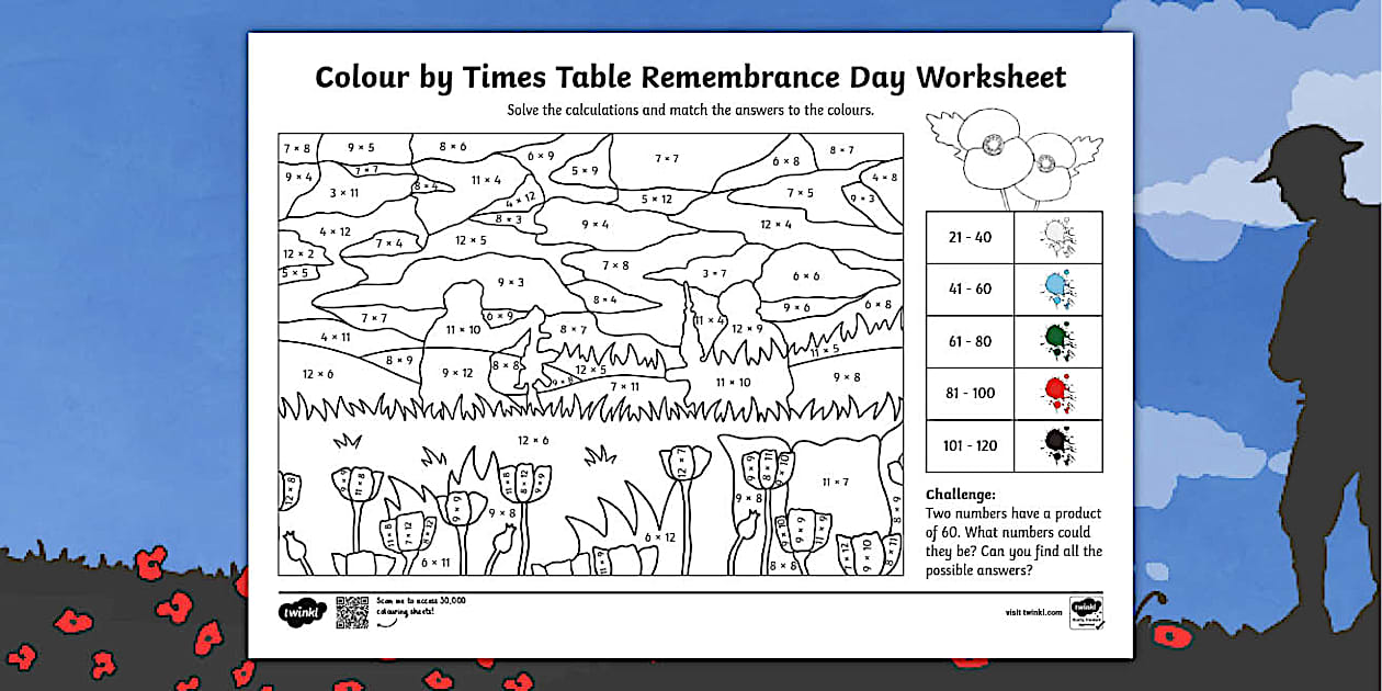👉 Remembrance Day Maths Worksheet - Colour By Times Table