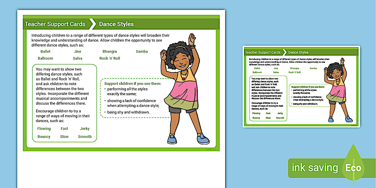 Dance Styles Teacher Support Card -EYFS, PE, Physical Development, Planning