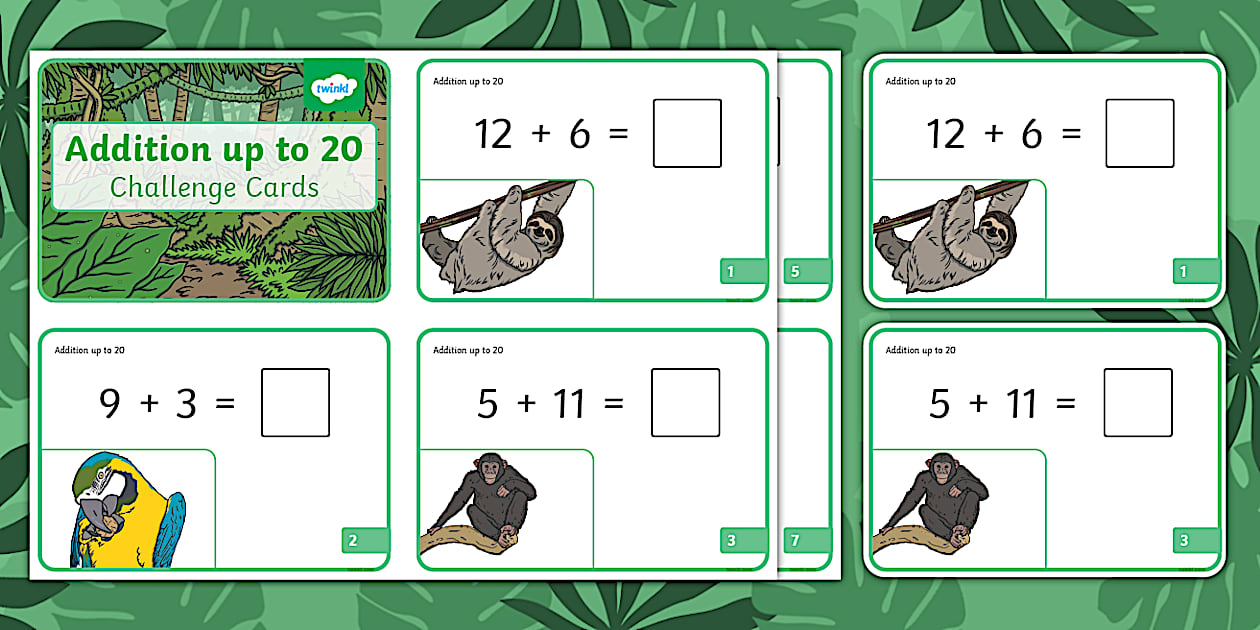 Rainforest-Themed Addition Up to 20 Challenge Cards - KS1 - Twinkl