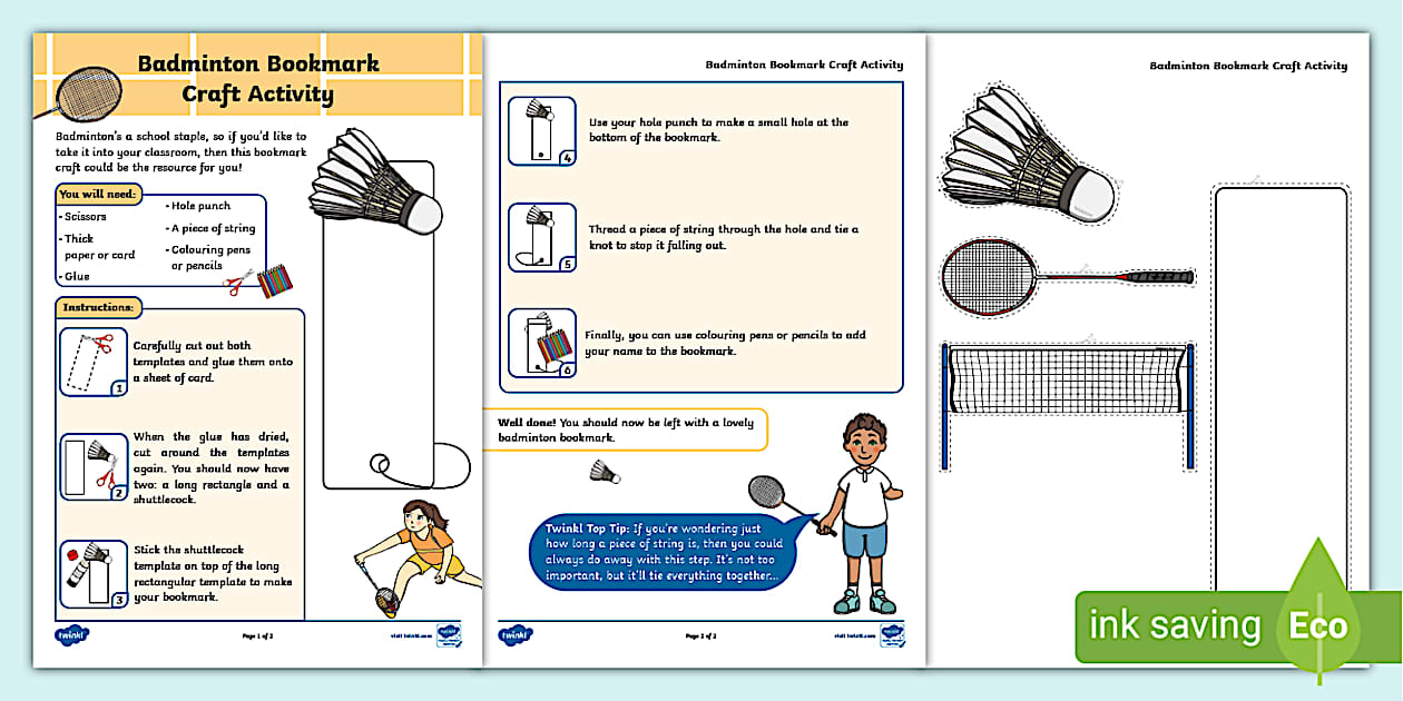 Badminton Bookmark Craft Activity