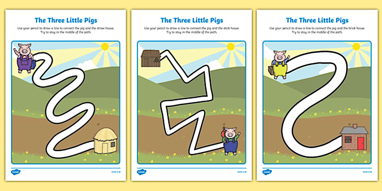 The Three Little Pigs Pencil Control Path Sheets - pencil
