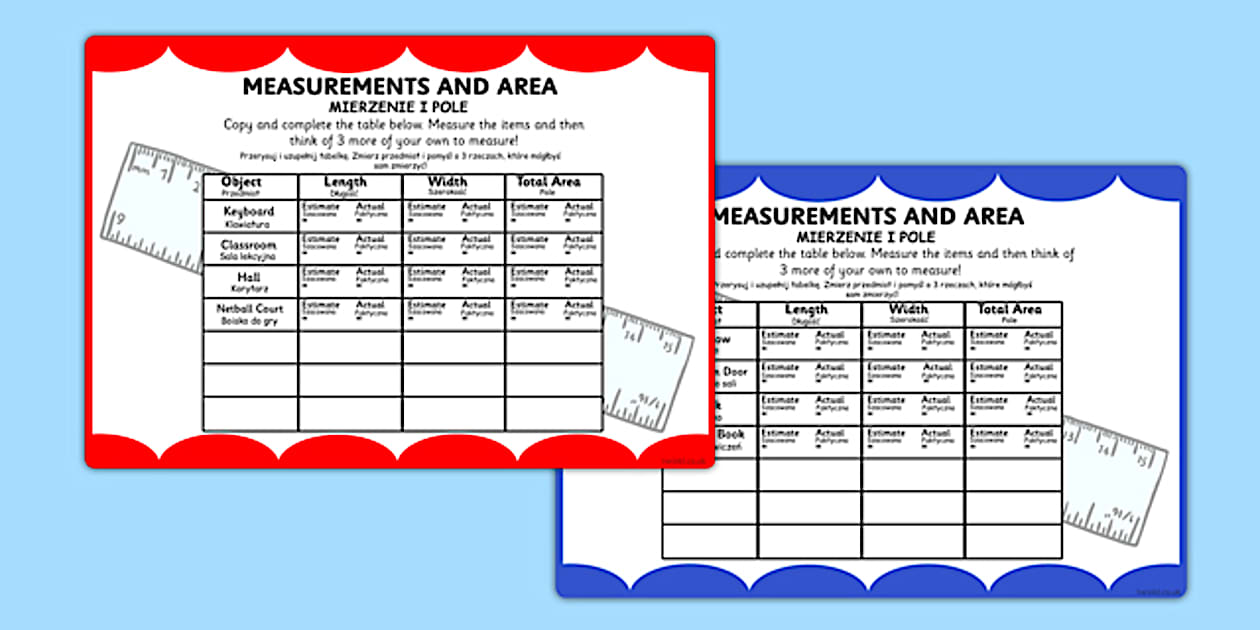 Measurements and Area Table Maths Challenge Cards Polish Translation
